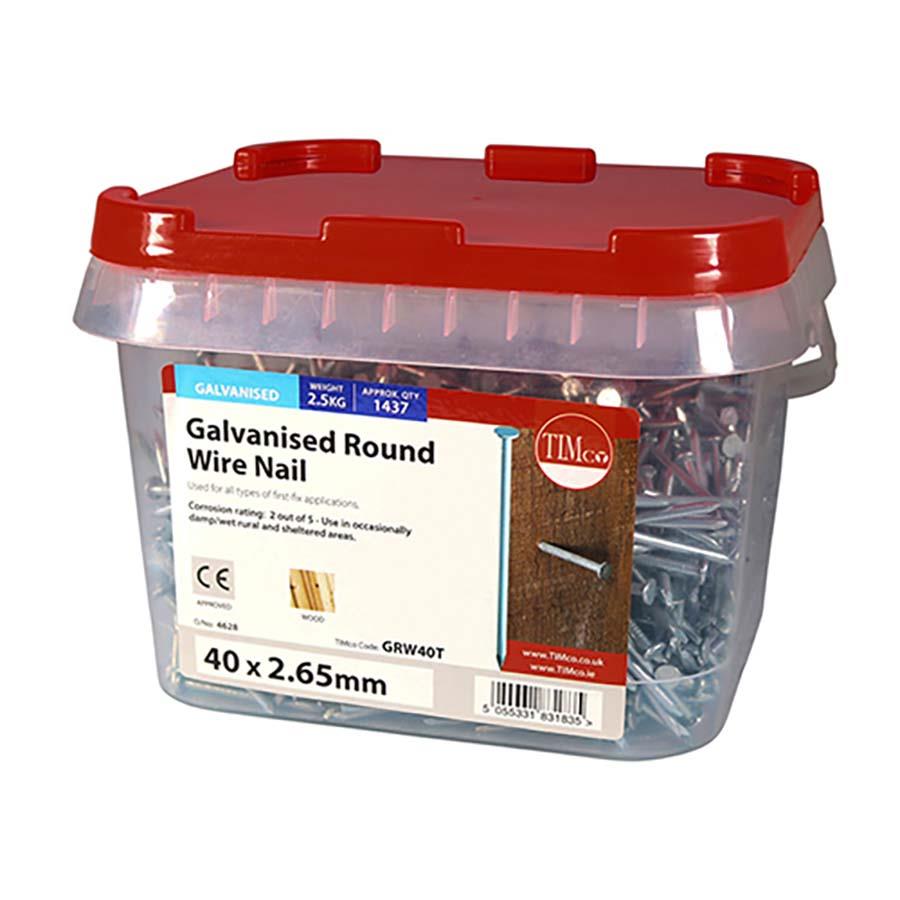 Timco Galvanised Round Wire Nails 40mm 2.5kg Tub from County Online